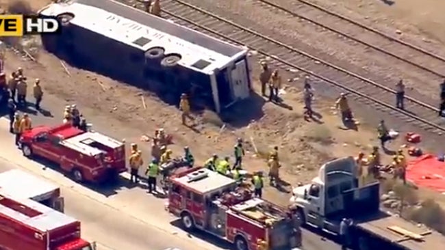 Tour Bus Overturns on California Freeway; 52 Hurt | Weather.com