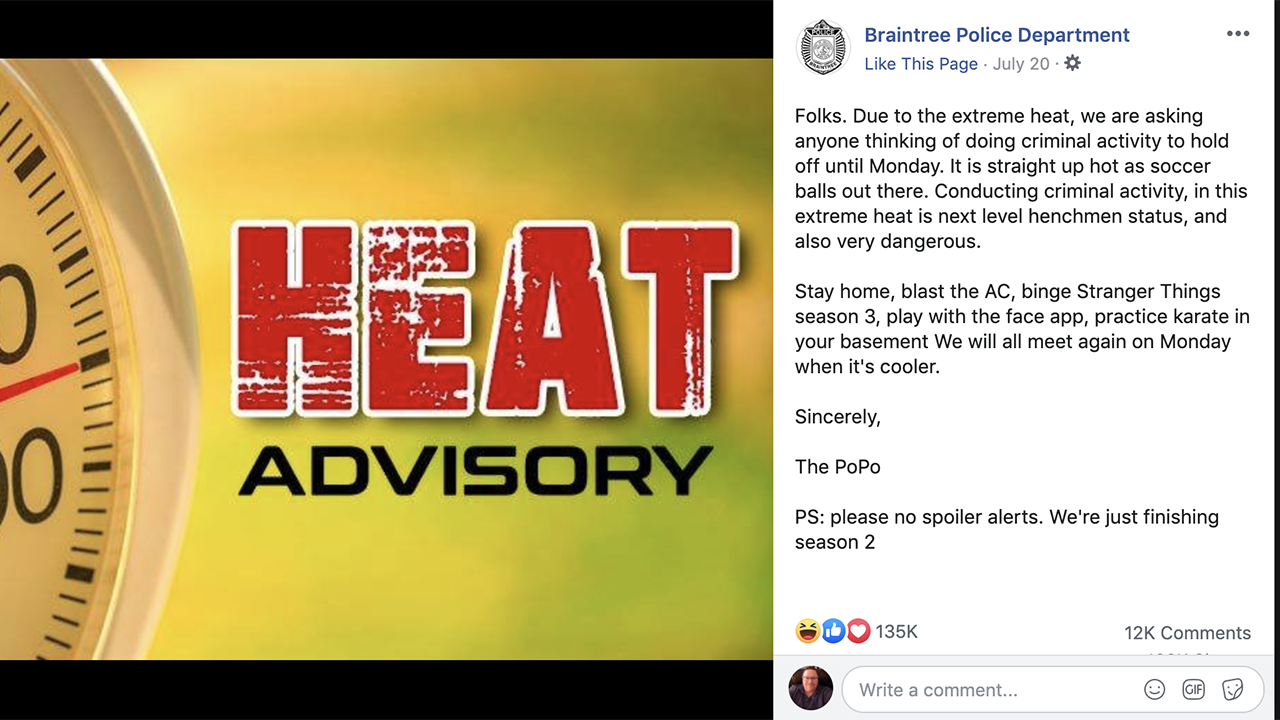 Massachusetts Cops Ask Criminals to Lay Off Crime During Heat Wave ...