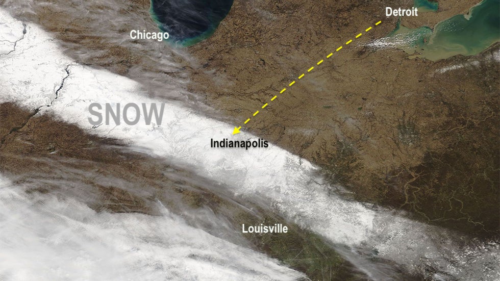 Sharp Edge of Winter Storm Uma's Snow Cover in Indiana Captured From ...